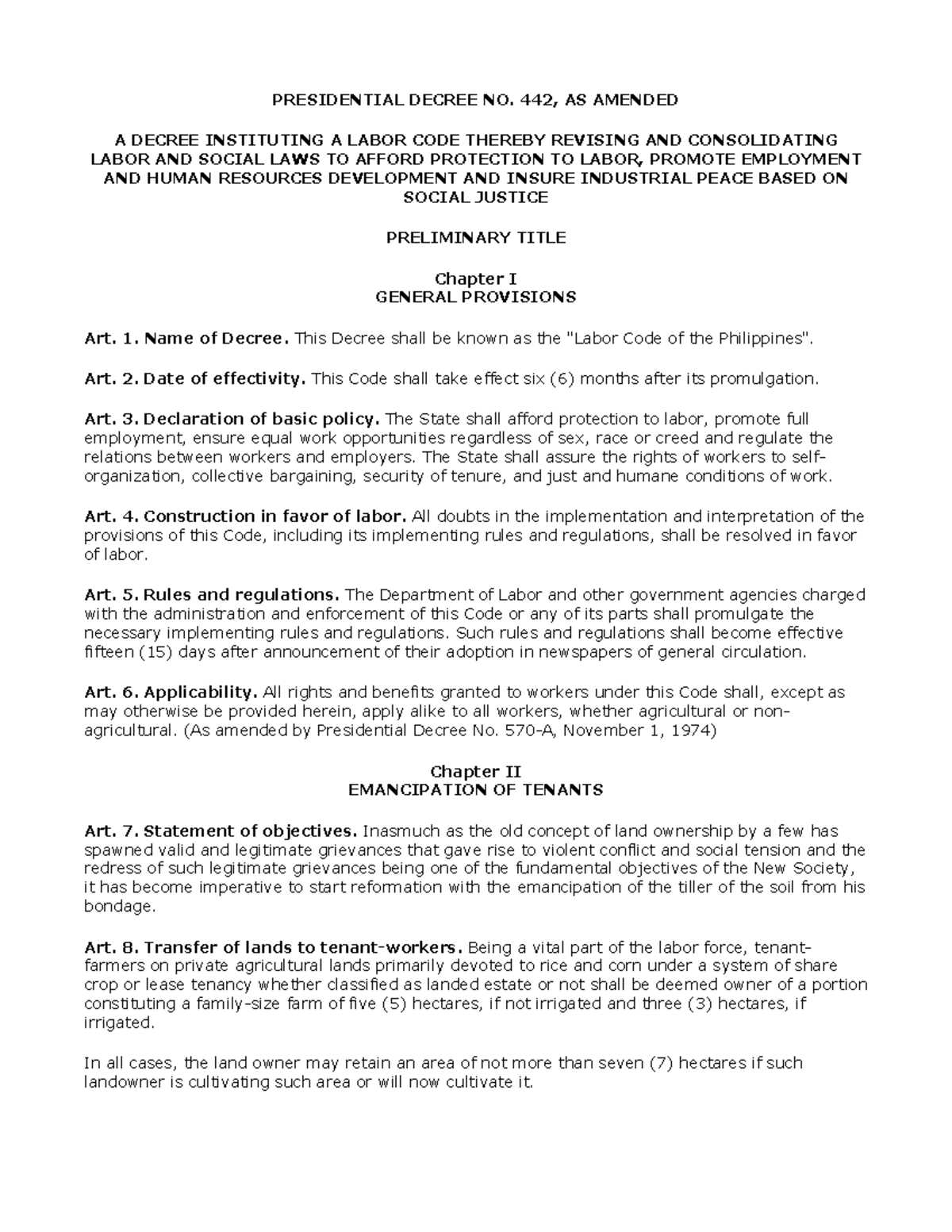 Labor Code - PRESIDENTIAL DECREE NO. 442, AS AMENDED A DECREE ...