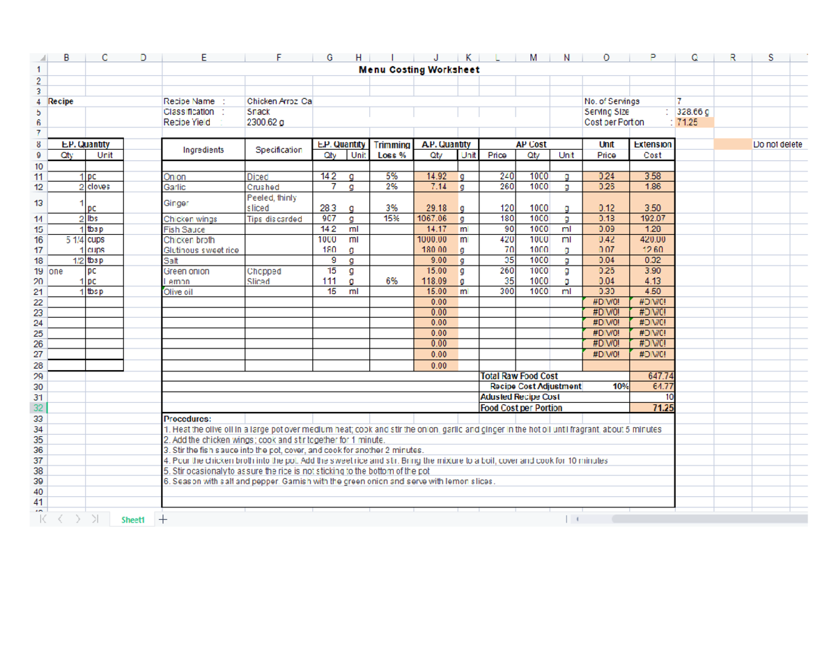 MENU Costing Worksheet - Recipe Example - Cost Control - Cruise Line ...