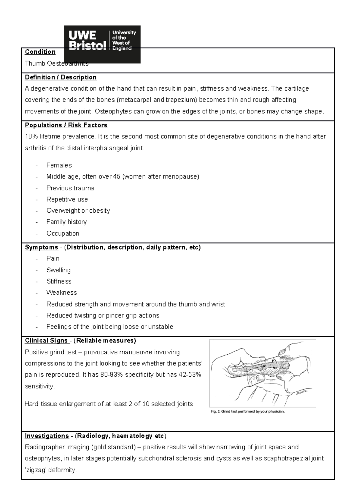 Clinical patterns sheet, thumb OA - Condition Thumb Oesteoarthrits ...