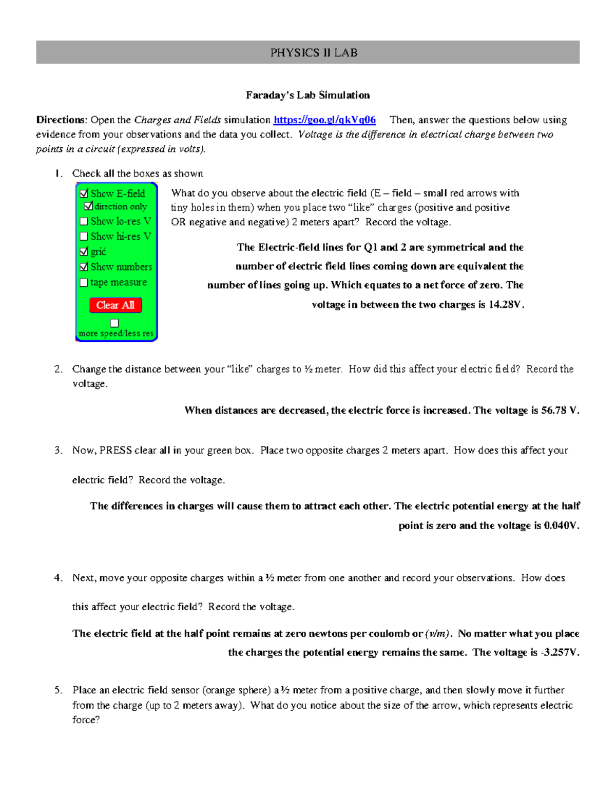 Faraday Lab - PHYSICS II LAB Faraday’s Lab Simulation Directions: Open ...