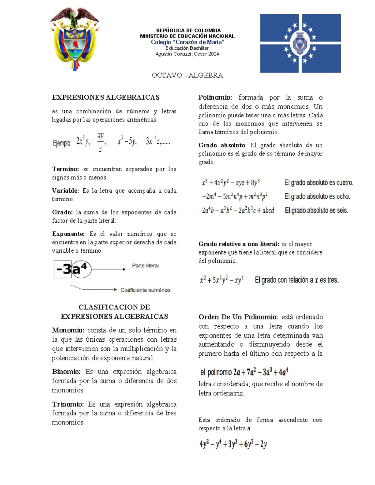 Plan Semana # 1 algebra - REPÚBLICA DE COLOMBIA MINISTERIO DE EDUCACIÓN ...