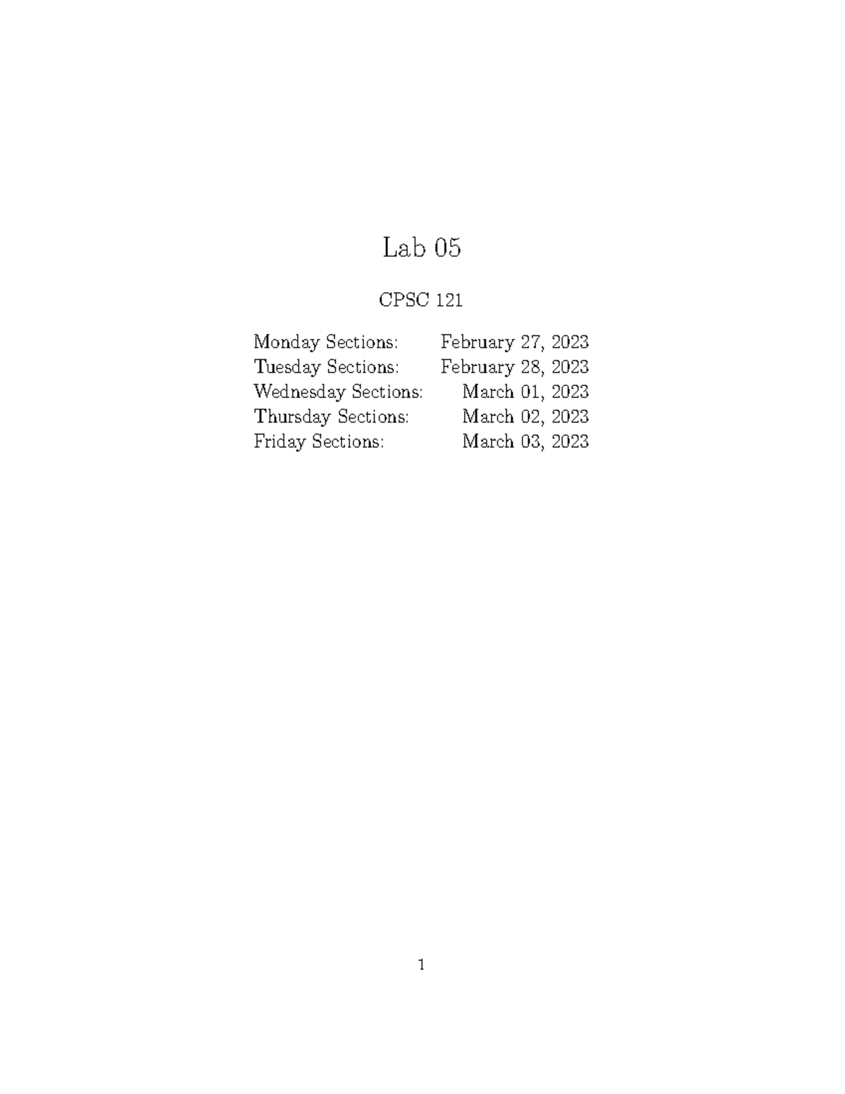 Lab05 Lab 5 Lab Cpsc Monday Sections February 27 Tuesday Sections February 28 Wednesday