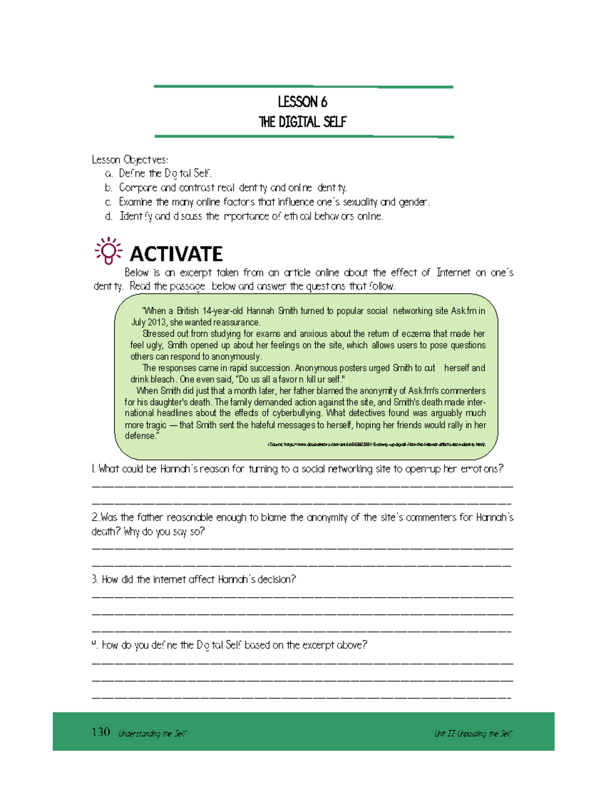 Digital-Self - LESSON 6 THE DIGITAL SELF Lesson Objectives: a. Define ...