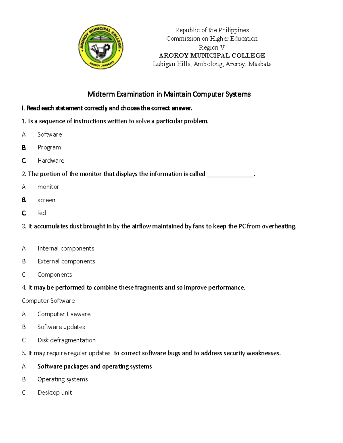 Maintain computer system modules 1-2 - Republic of the Philippines ...