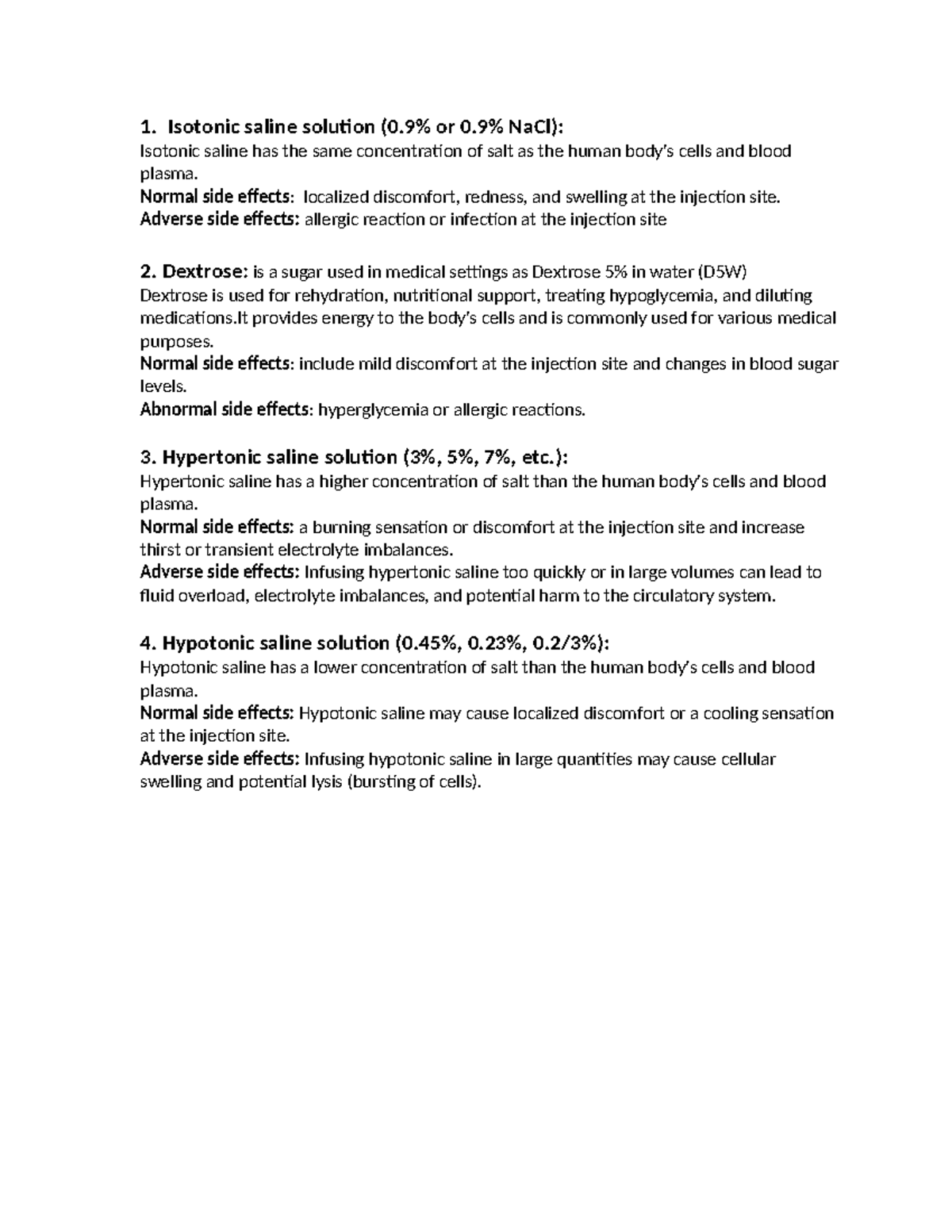 Doc1 2 - Summary Introduction to Health Sciences - 1. Isotonic saline ...