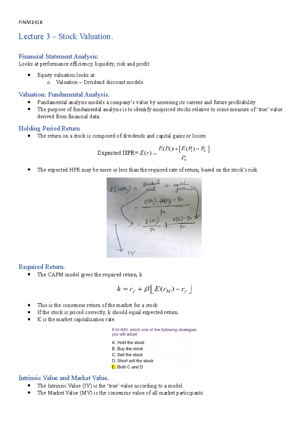 FINM2416 Lecture 3 - Lecture 3 – Stock Valuation. Financial Statement ...