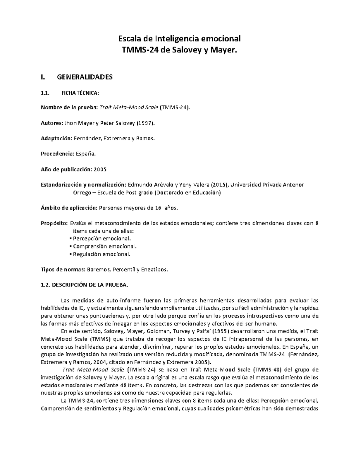 Tests DE Salovey Y Mayer - Escala de Inteligencia emocional TMMS-24 de ...