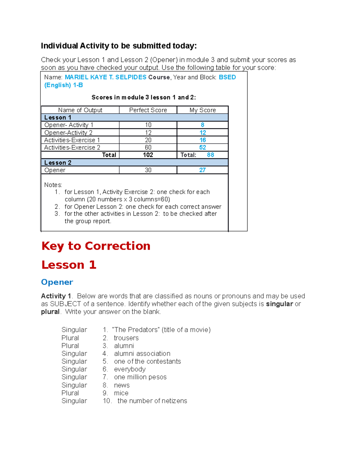 Individual Activity to be submitted today - Use the following table for ...