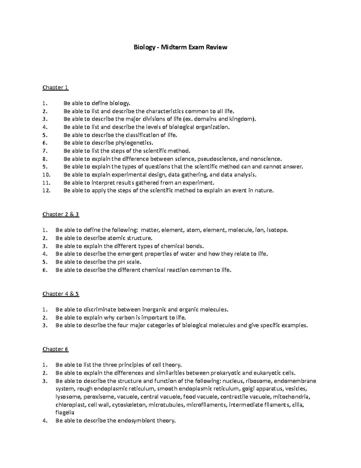 Biology-Midterm Exam Review - BIOS 103 - Ohio - Studocu