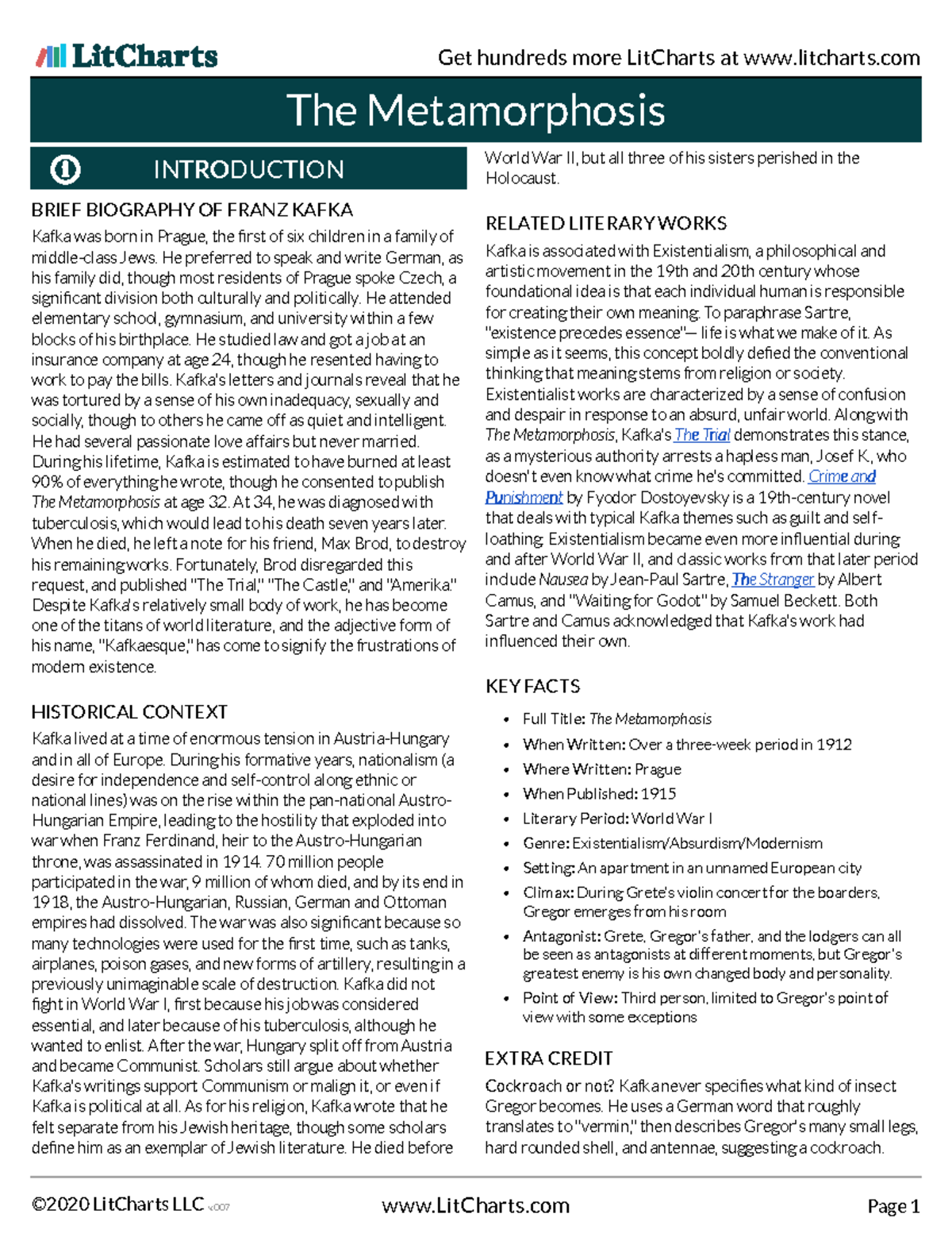 The-Metamorphosis-Lit Chart - The Metamorphosis BRIEF BIOGRAPHY OF ...