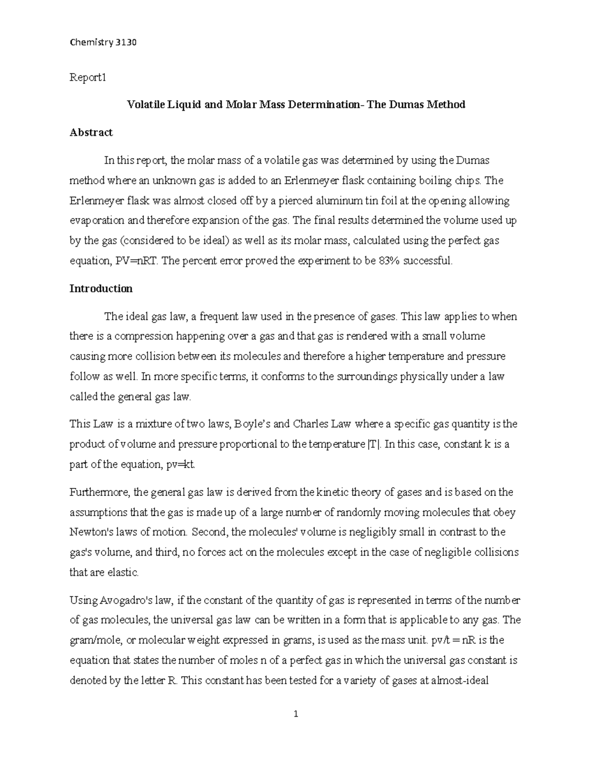 The Dumas Method- Volatile Liquid and Molar Mass Determination - Report ...