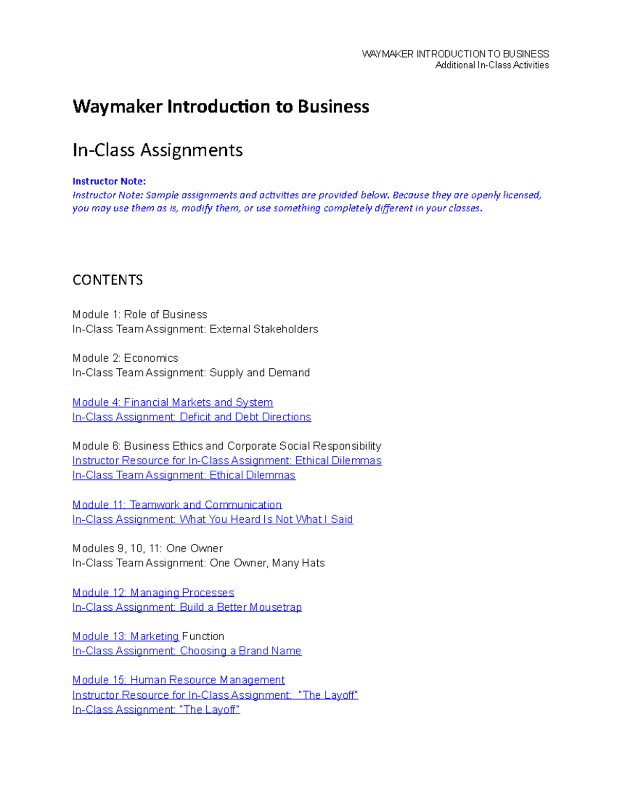 Intro Business In Class Activities - Additional In-Class Activities ...