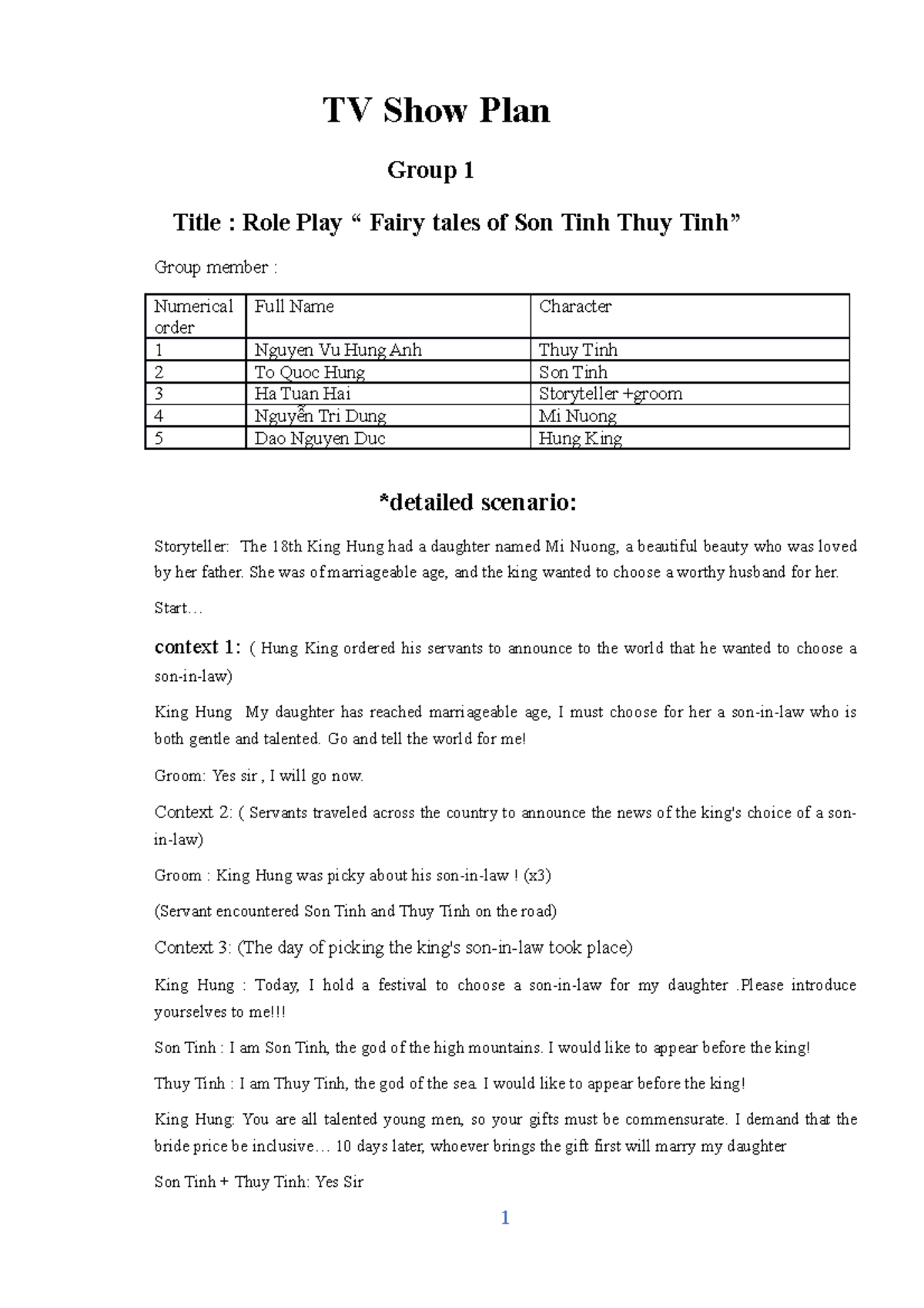 TV Show Plan - Summary tiếng anh 1 - TV Show Plan Group 1 Title : Role ...