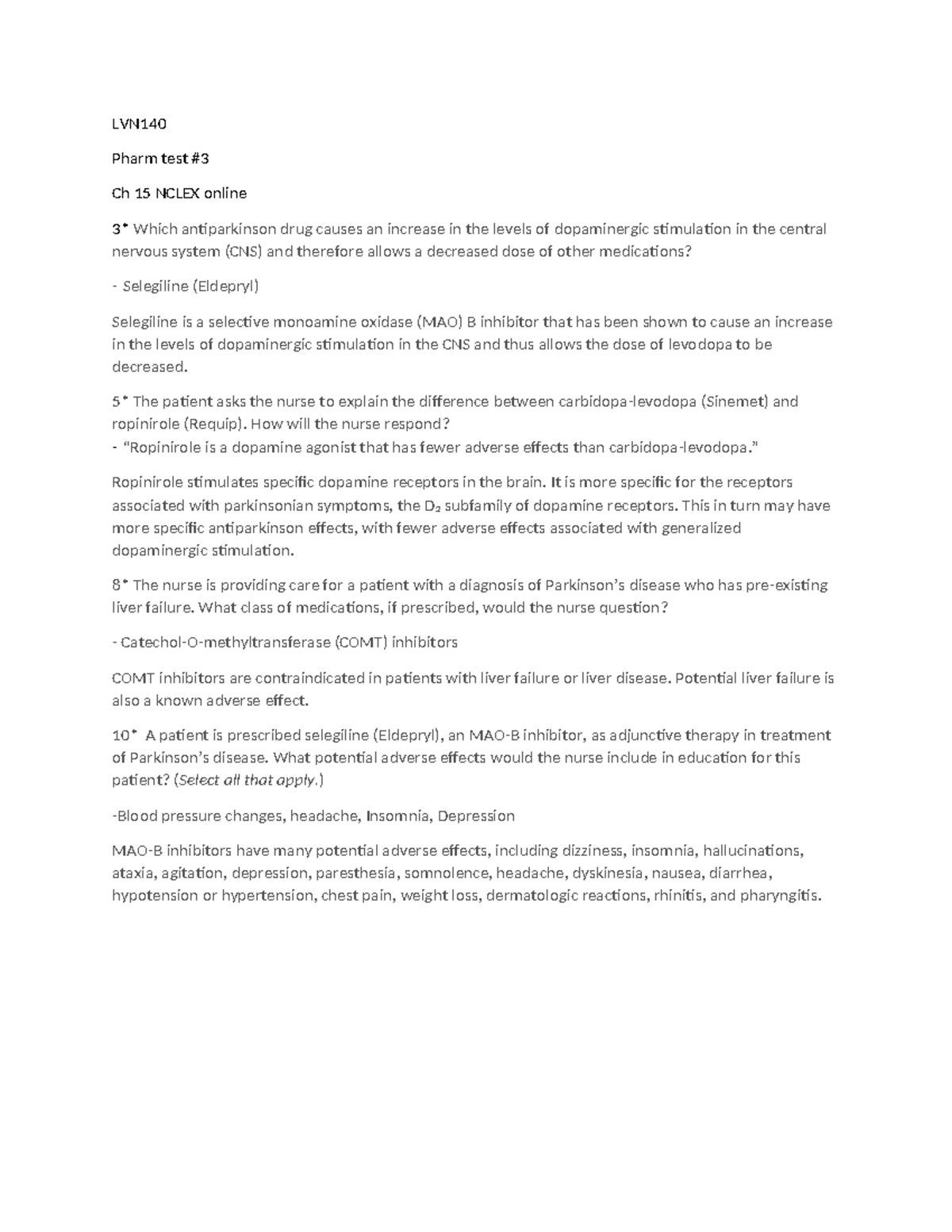Pharm ch 15 Nclex online - LVN Pharm test # Ch 15 NCLEX online 3* Which ...