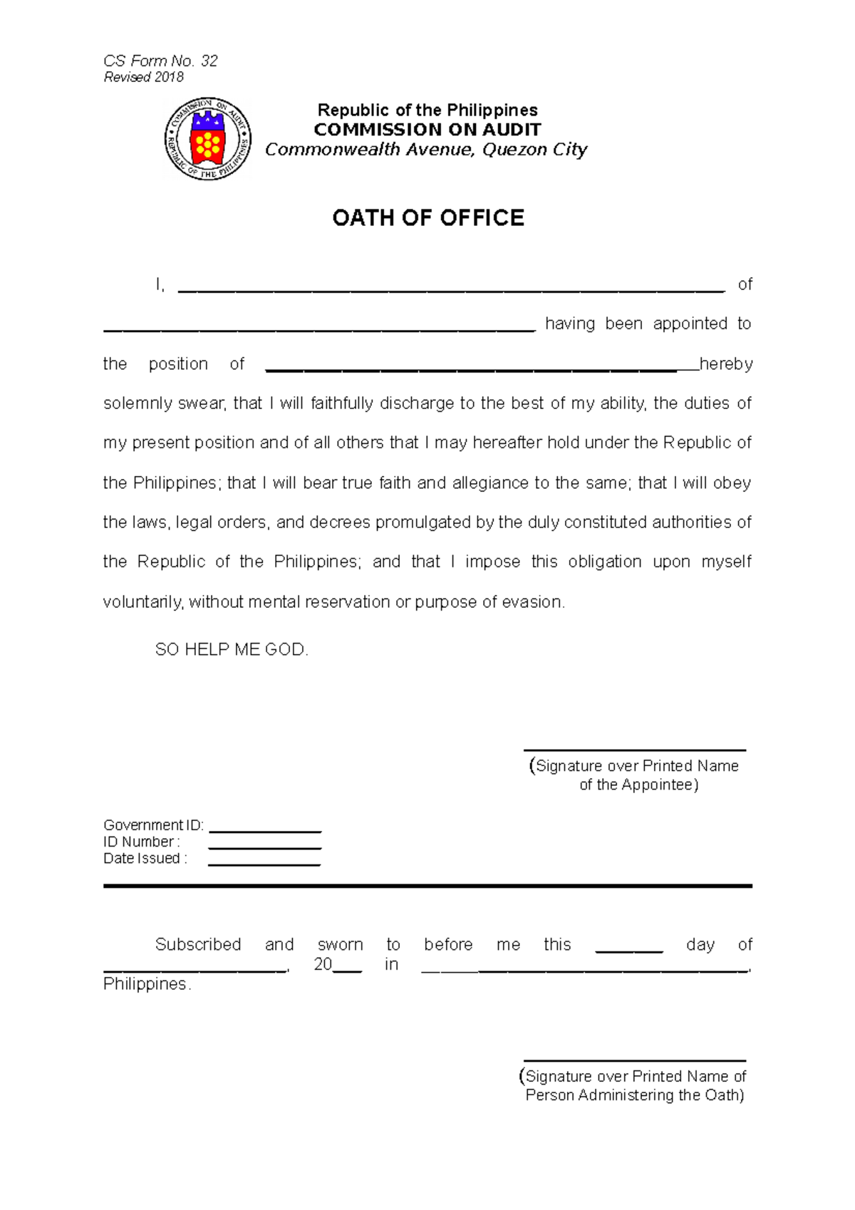Oath of Office CS Form No - CS Form No. 32 Revised 2018 COMMISSION ON ...