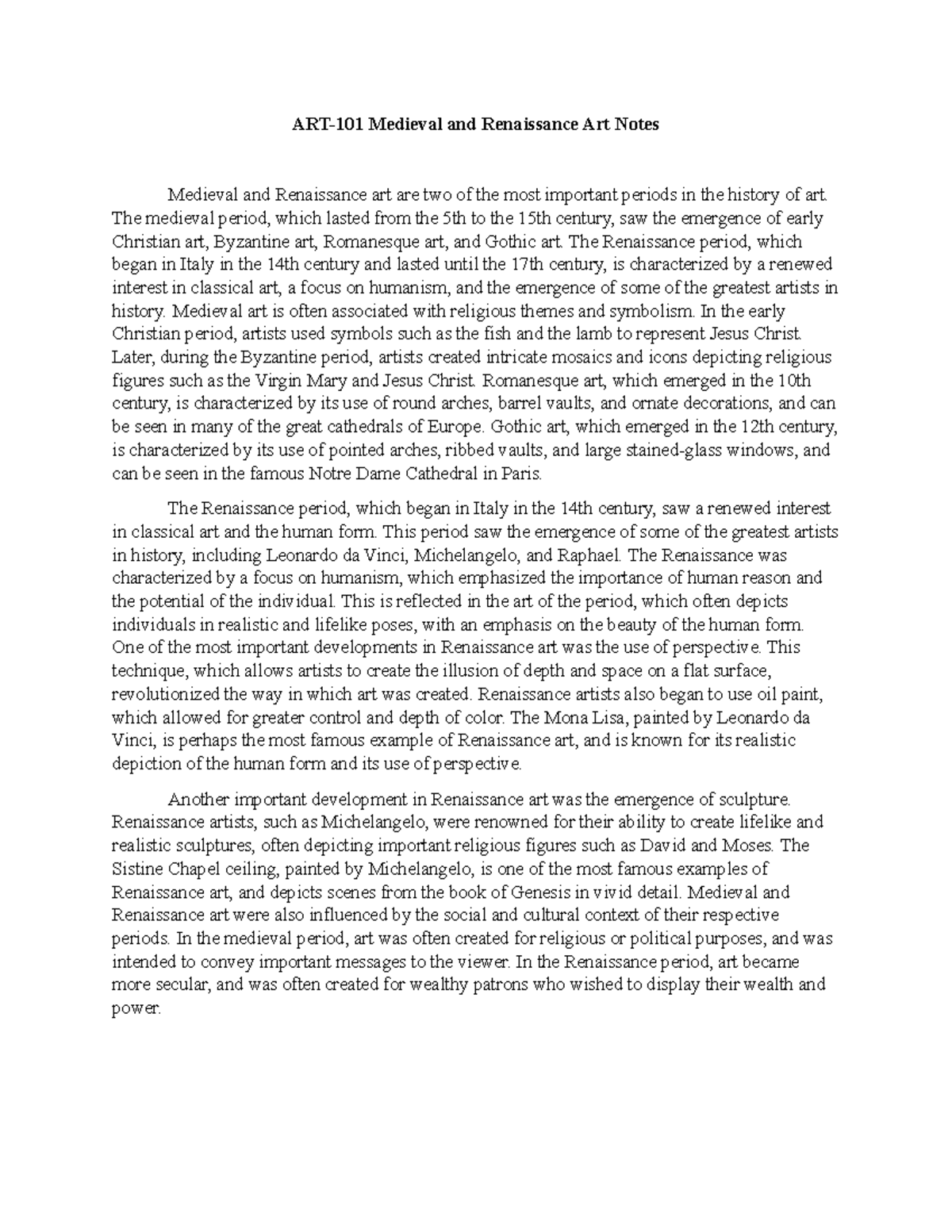 ART-101 Medieval and Renaissance Art Notes - The medieval period, which ...