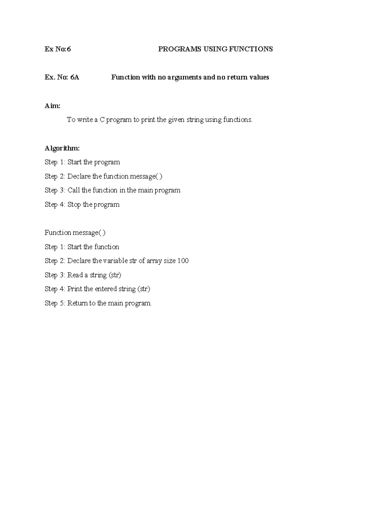 Ex No 6 Ex No6 Programs Using Functions Ex No 6a Function With No Arguments And No Return