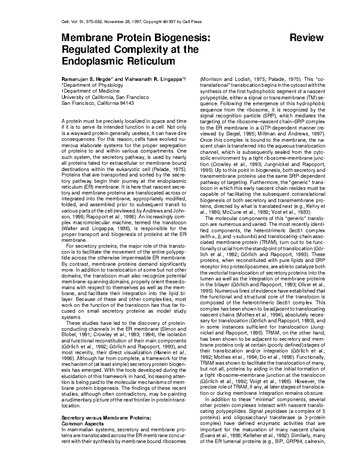 Membrane protein biogenesis - Cell, Vol. 91, 575–582, November 28, 1997 ...