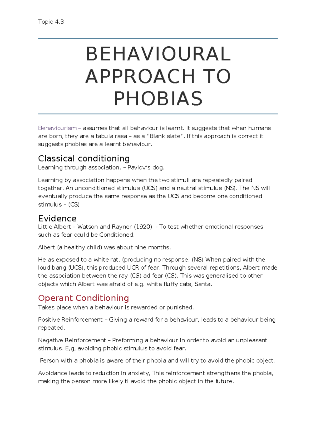 Behavioural approach to phobias - Topic 4. BEHAVIOURAL APPROACH TO ...