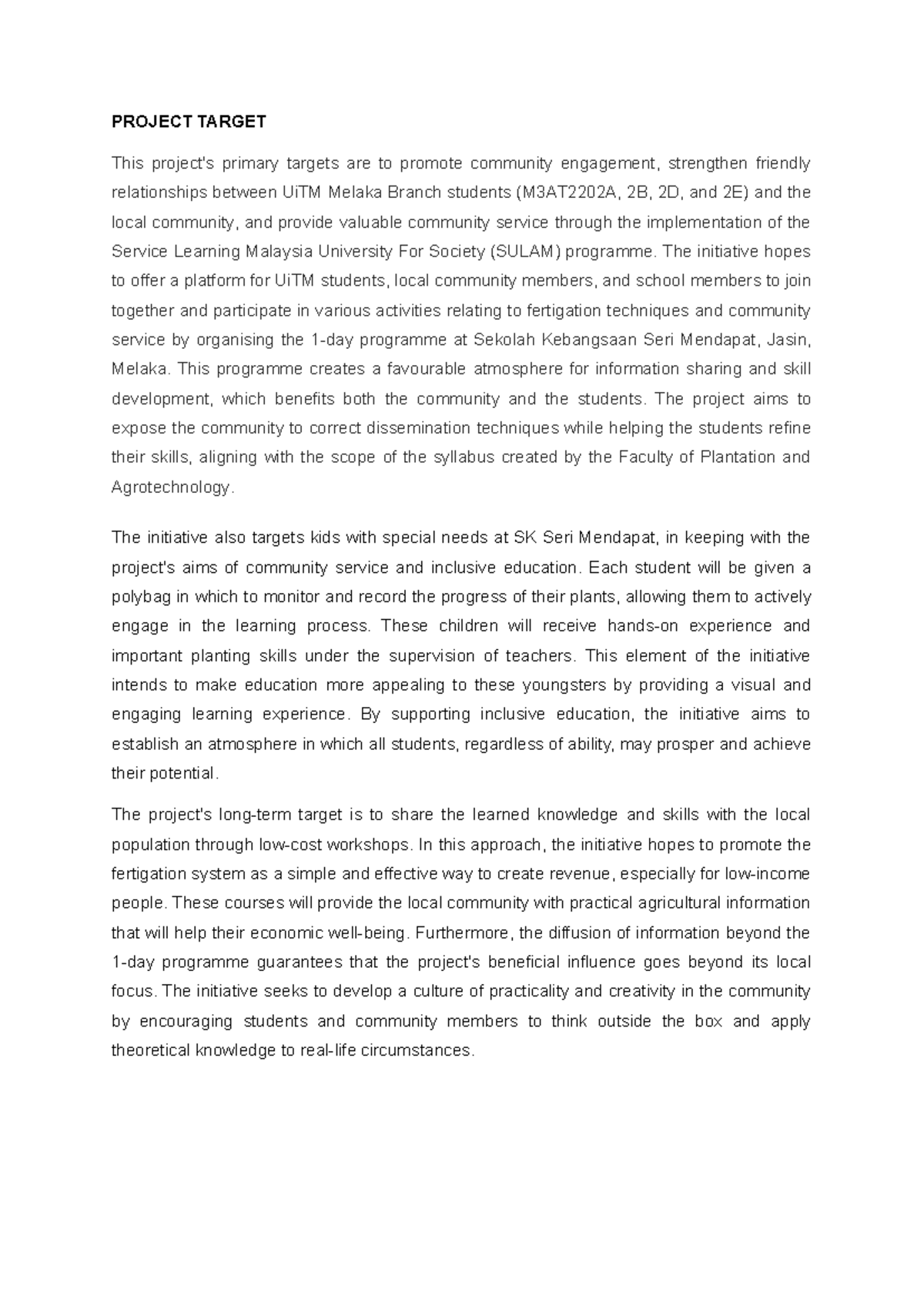 Project Target & Project Tentative ( Sulam) - PROJECT TARGET This ...