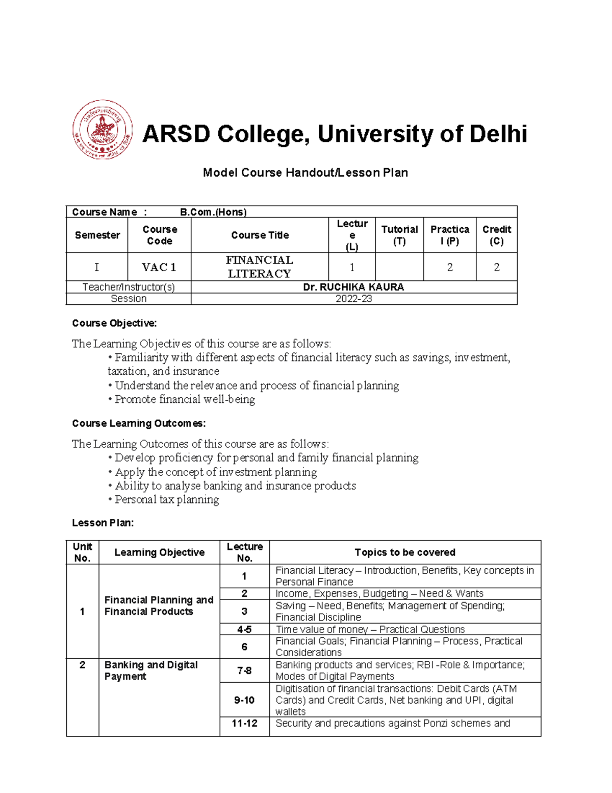 Financial- Literacy-1 - ARSD College, University of Delhi Model Course ...