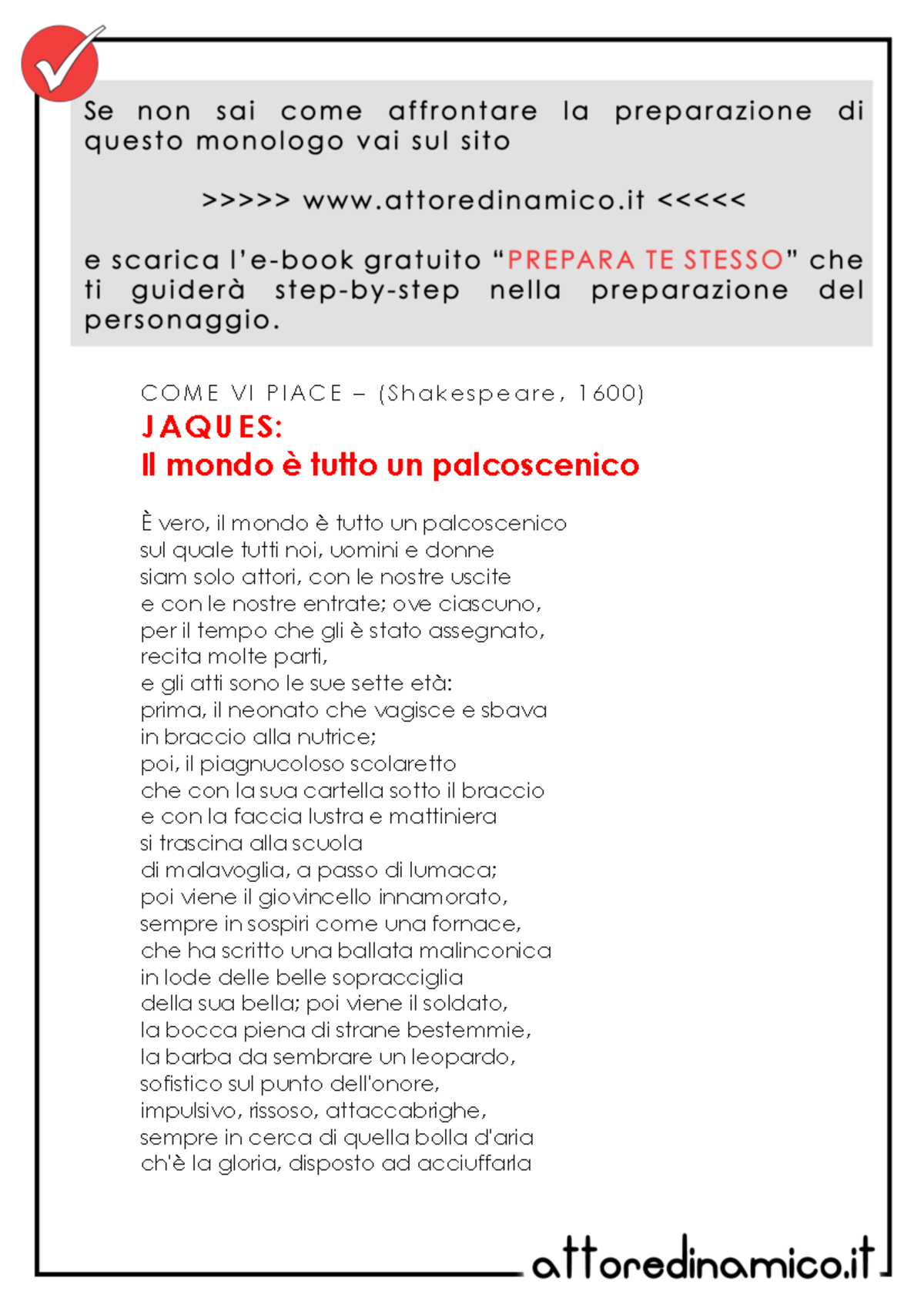 Jaques, Il mondo è tutto un palcoscenico (Come vi piace, Shakespeare ...