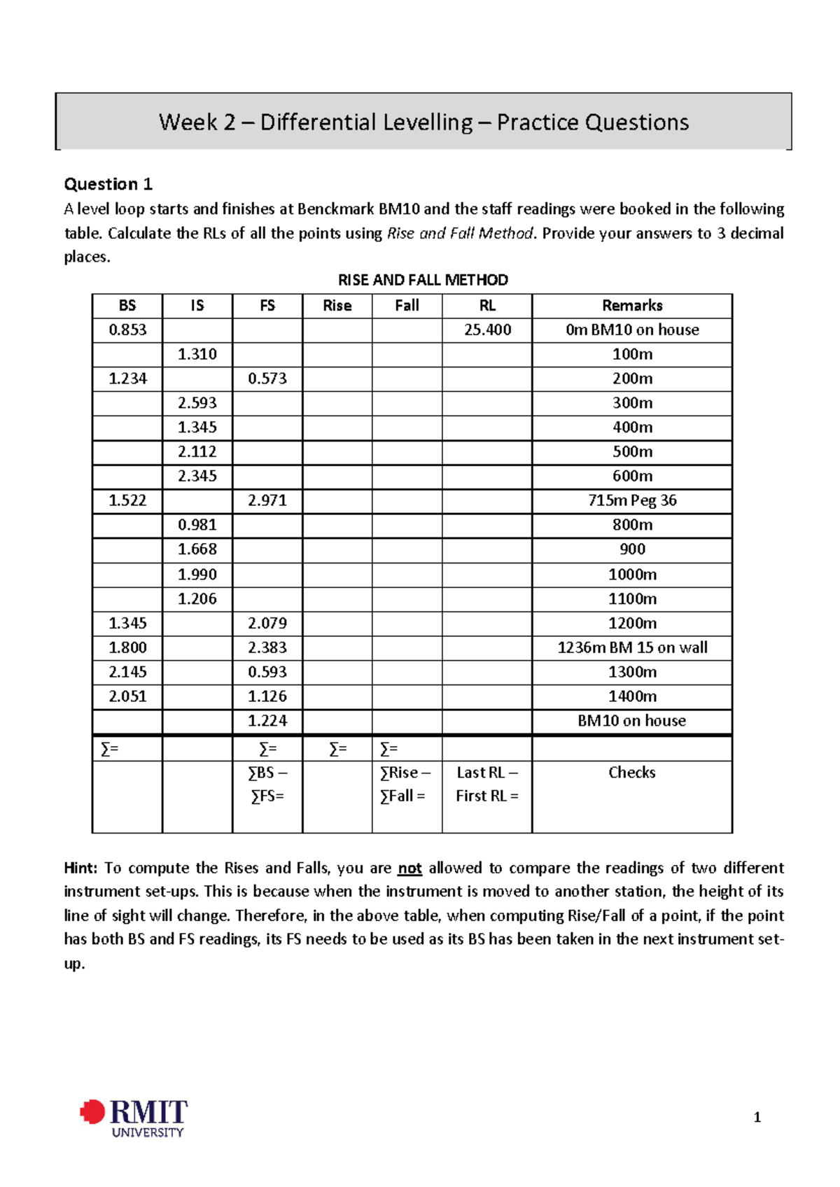 GEOM2088 Week 2 Practice Questions - Week 2 – Differential Levelling – Practice Questions ...
