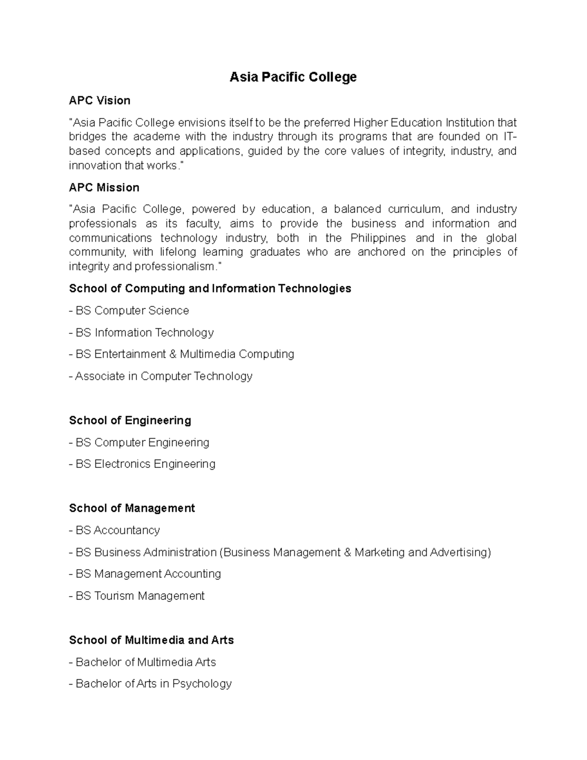 Asia Pacific College Courses - Asia Pacific College APC Vision “Asia ...