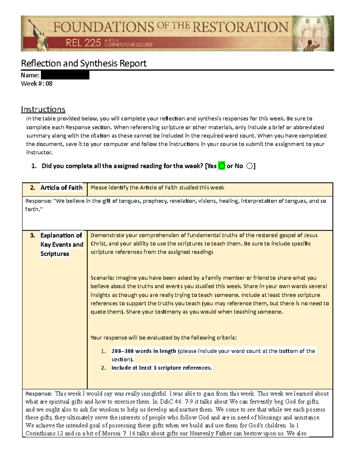 REL225C W08 Reflection And Synthesis - Reflection and Synthesis Report Name: Lauren Dulgarian ...