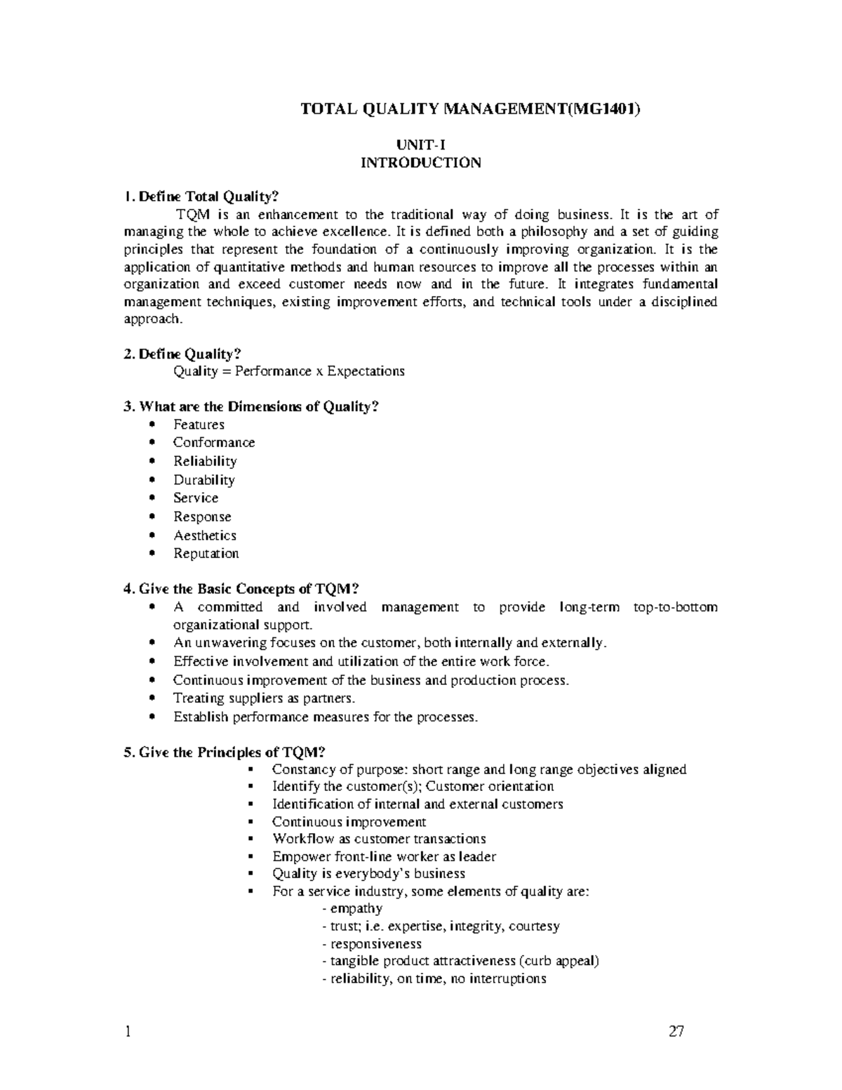 TQM-2marks QA - Lecture notes 1 - TOTAL QUALITY MANAGEMENT(MG1401) UNIT ...