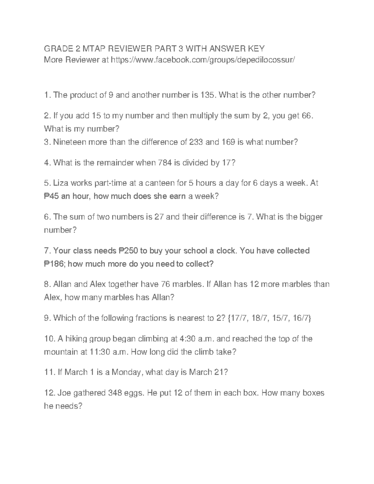 Pdfcoffee - asdfghjkl;' - GRADE 2 MTAP REVIEWER PART 3 WITH ANSWER KEY More Reviewer at - Studocu