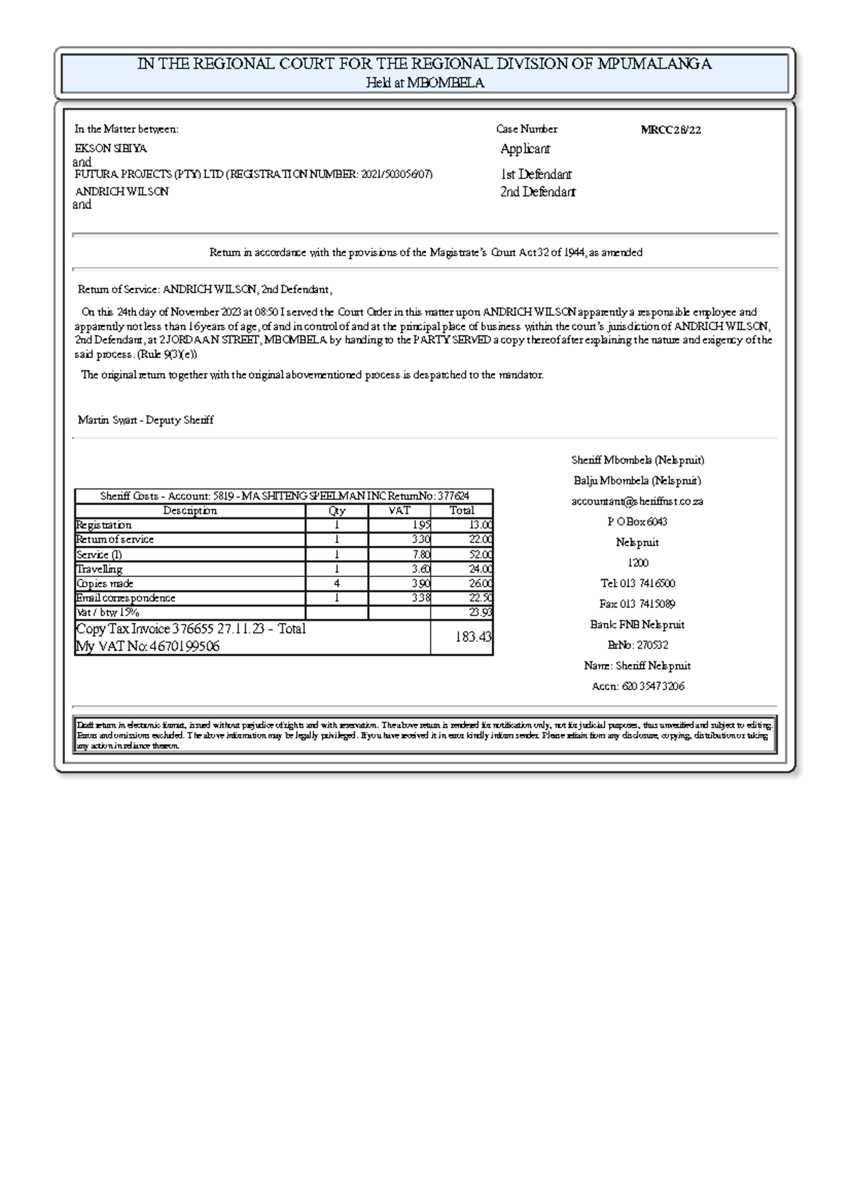 Return of Service - IN THE REGIONAL COURT FOR THE REGIONAL DIVISION OF ...