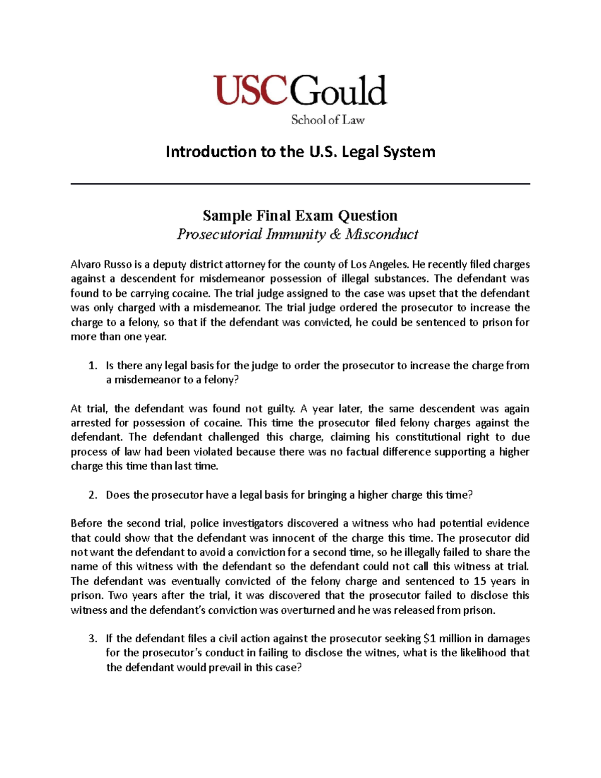 Law 520 Sample Exam Question (Prosecutorial Discretion & Immunity ...