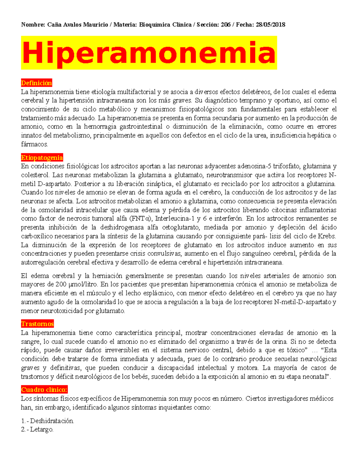 Hiperamonemia - Grade: 7.5 - Nombre: Caña Avalos Mauricio / Materia ...