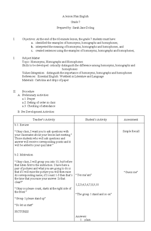 Lesson Plan Grade 7sarah - Lesson Plan in English Grade 7 Prepared by ...