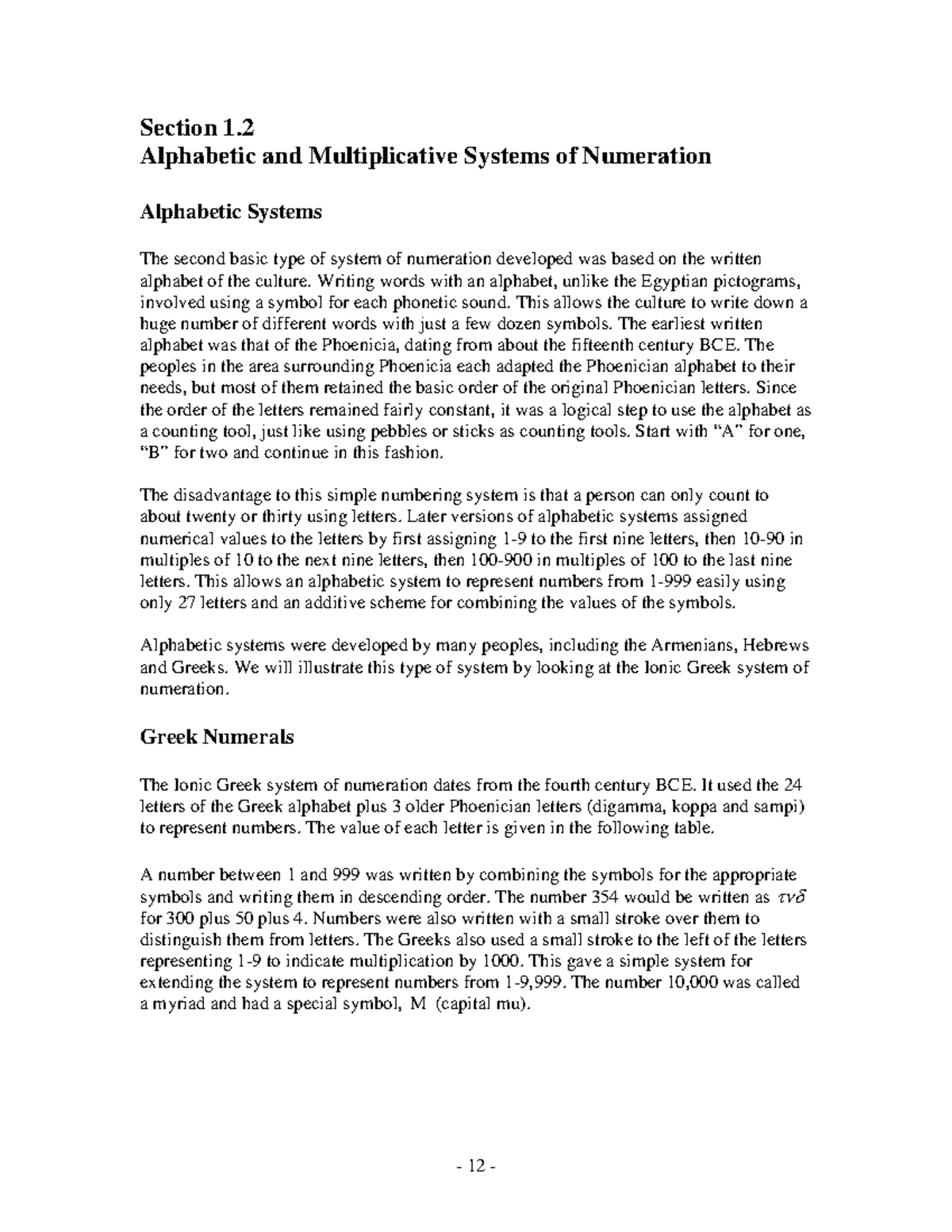 Section 1.2 Alphabetic and Multiplicative Systems of Numeration ...