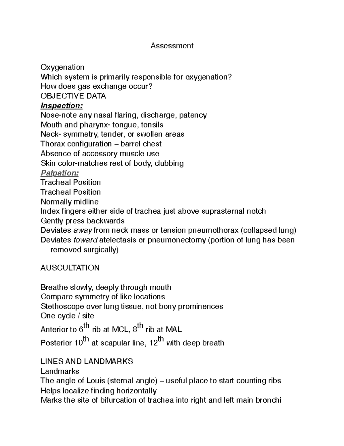 Assessment outline - Assessment Oxygenation Which system is primarily ...