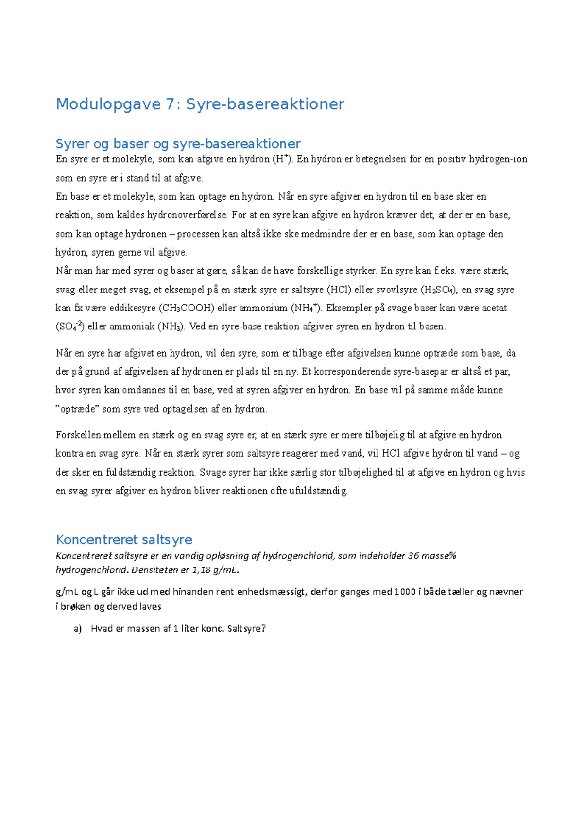 Syre base reaktioner - Modulopgave 7: Syre-basereaktioner Syrer og ...