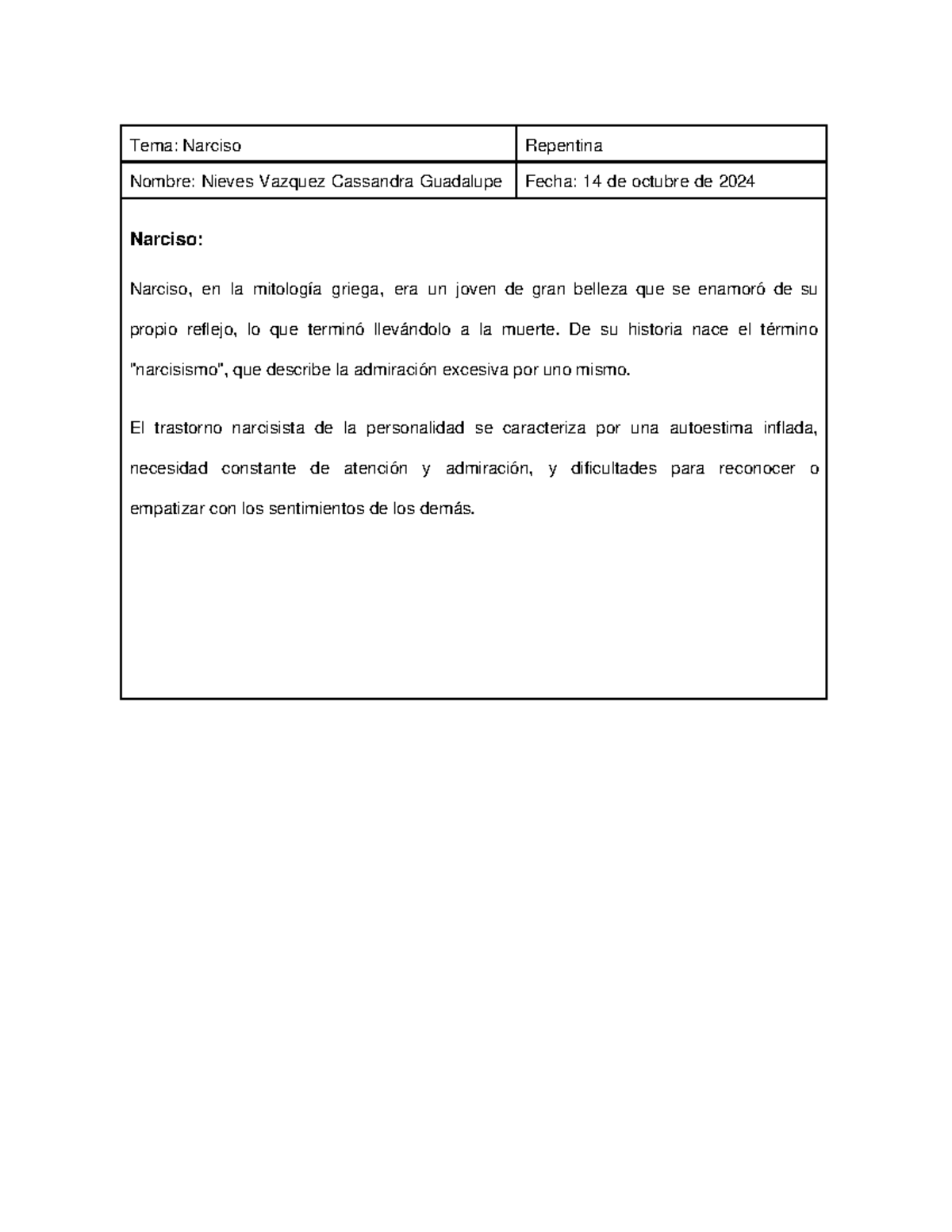 Repentinass - Repentinas - Tema: Narciso Repentina Nombre: Nieves ...