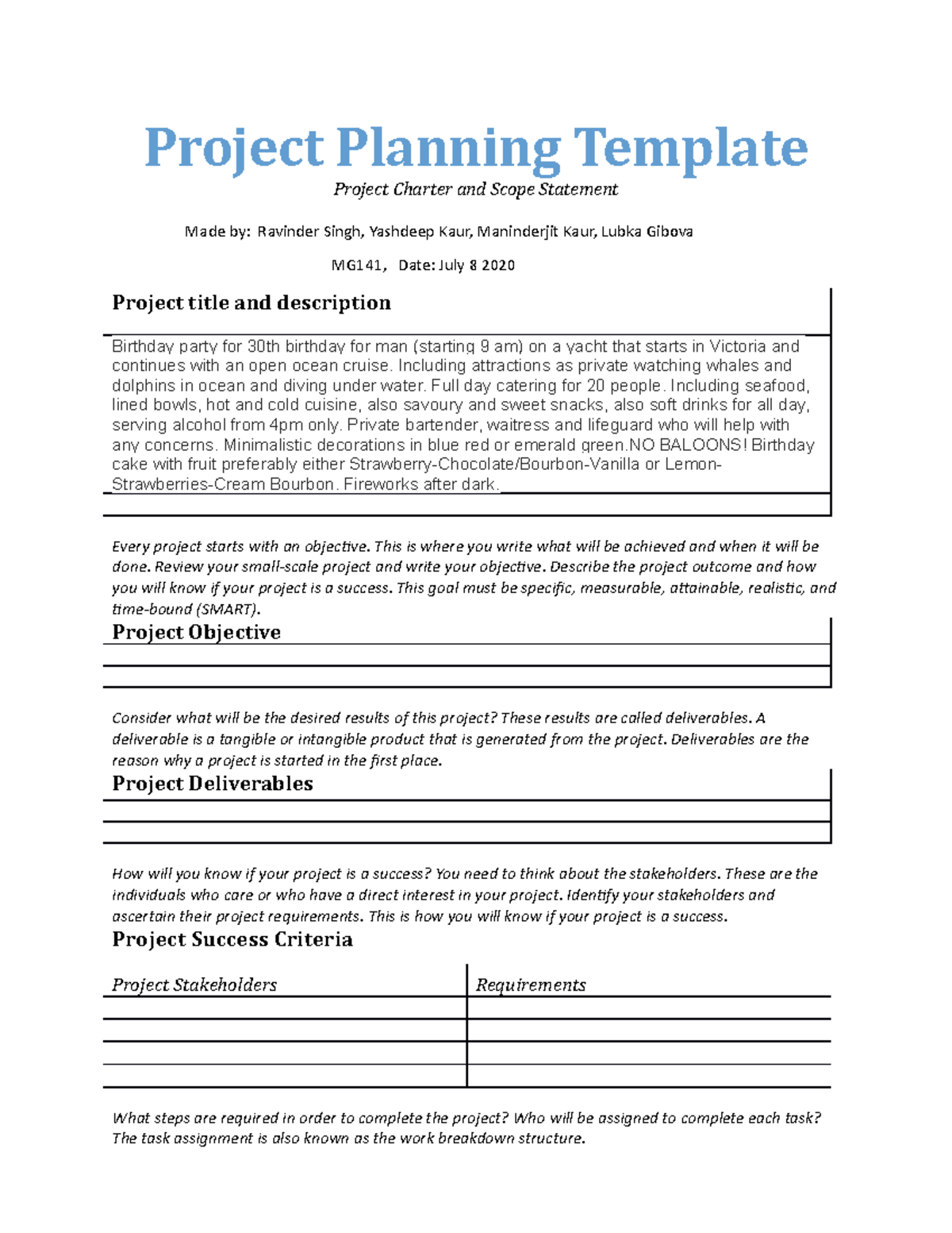 MG141INT Day 8 Assignment 2 Project Planning Template April 2019 ...