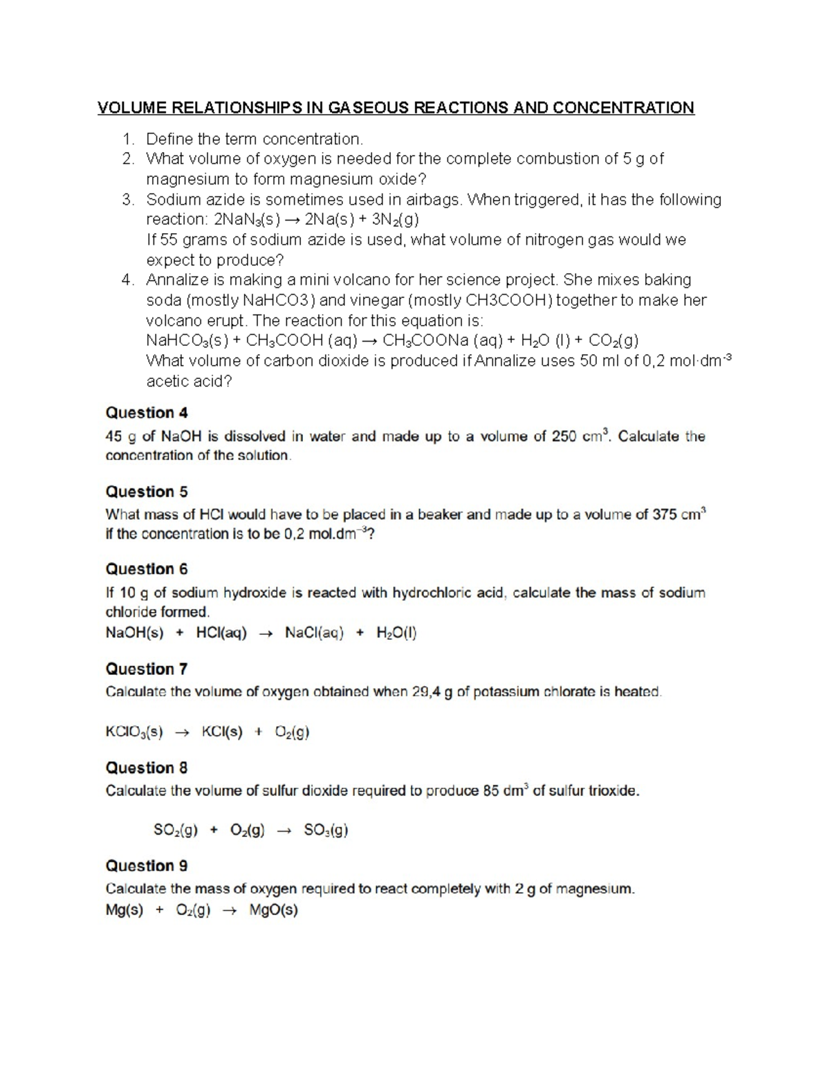 Volume Relationships IN Gaseous Reactions AND Concentration - VOLUME ...