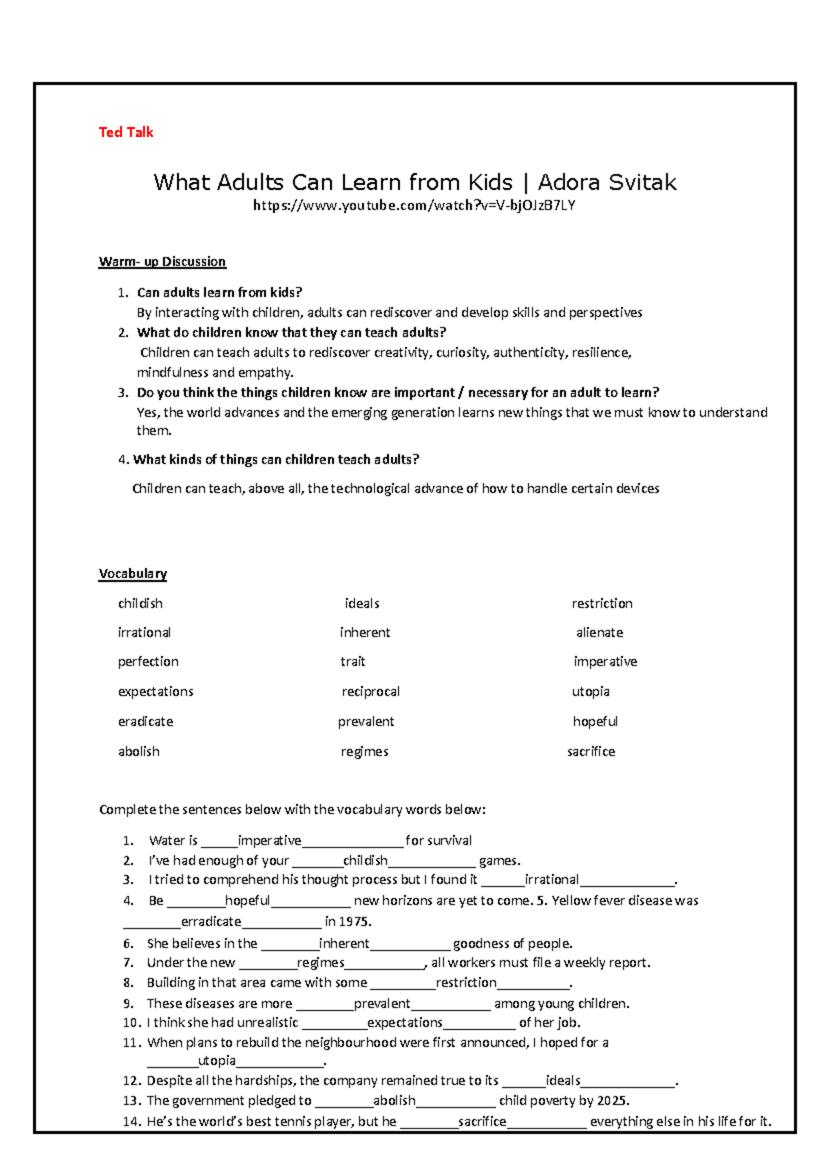 Group activity - Actividades en clases - Ted Talk What Adults Can Learn ...