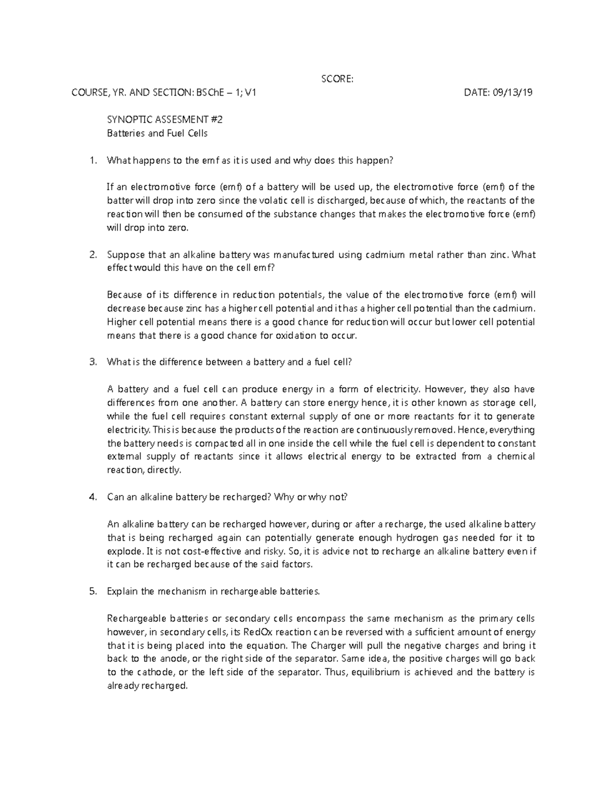 Batteries and Fuel Cells - SCORE: COURSE, YR. AND SECTION: BSChE – 1 ...