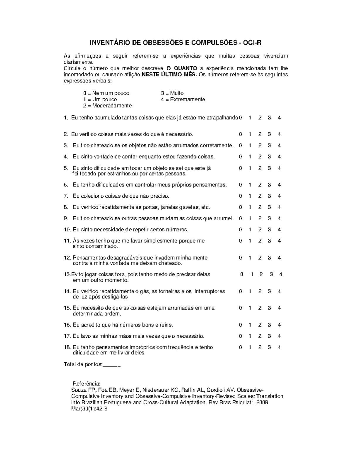 Escala OCI-R - psicologia - INVENTÁRIO DE OBSESSÕES E COMPULSÕES - OCI ...