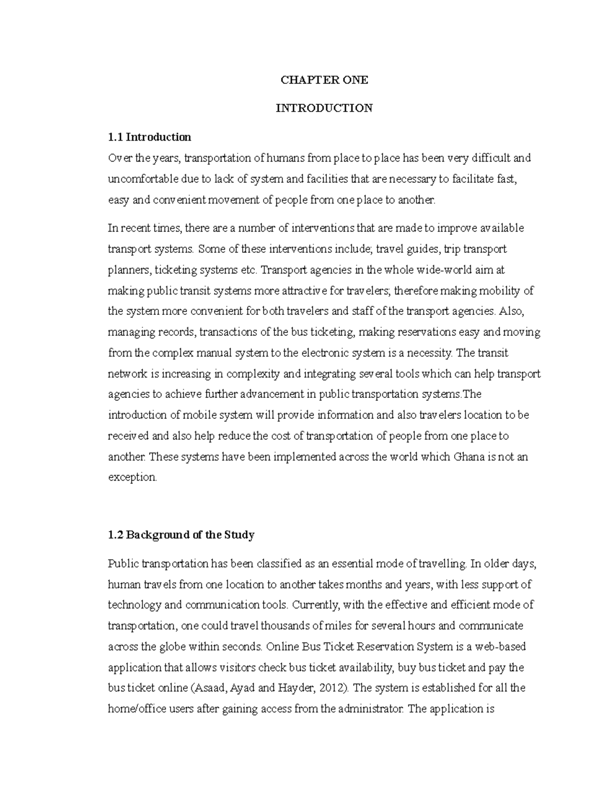 Bus Reservation system - CHAPTER ONE INTRODUCTION 1 Introduction Over ...
