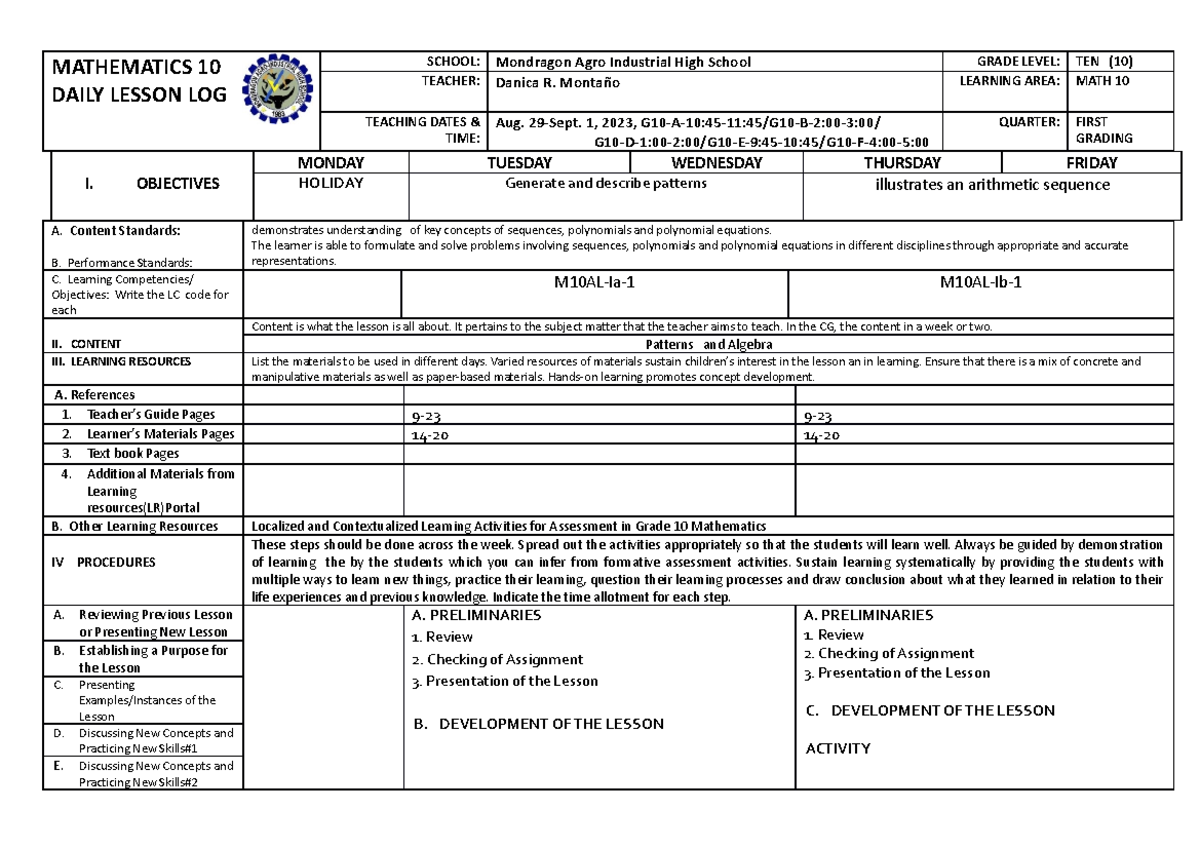 DAILY LESSON PLAN - MATHEMATICS 10 DAILY LESSON LOG SCHOOL: Mondragon ...