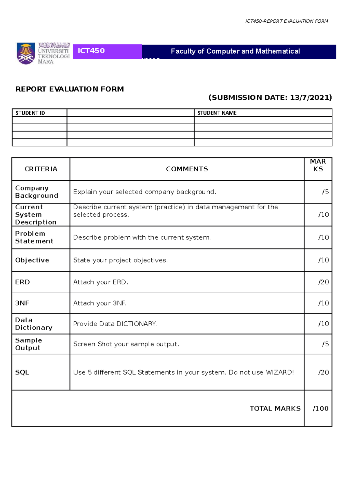 Project Evaluation Guideline - ICT450-REPORT EVALUATION FORM REPORT ...