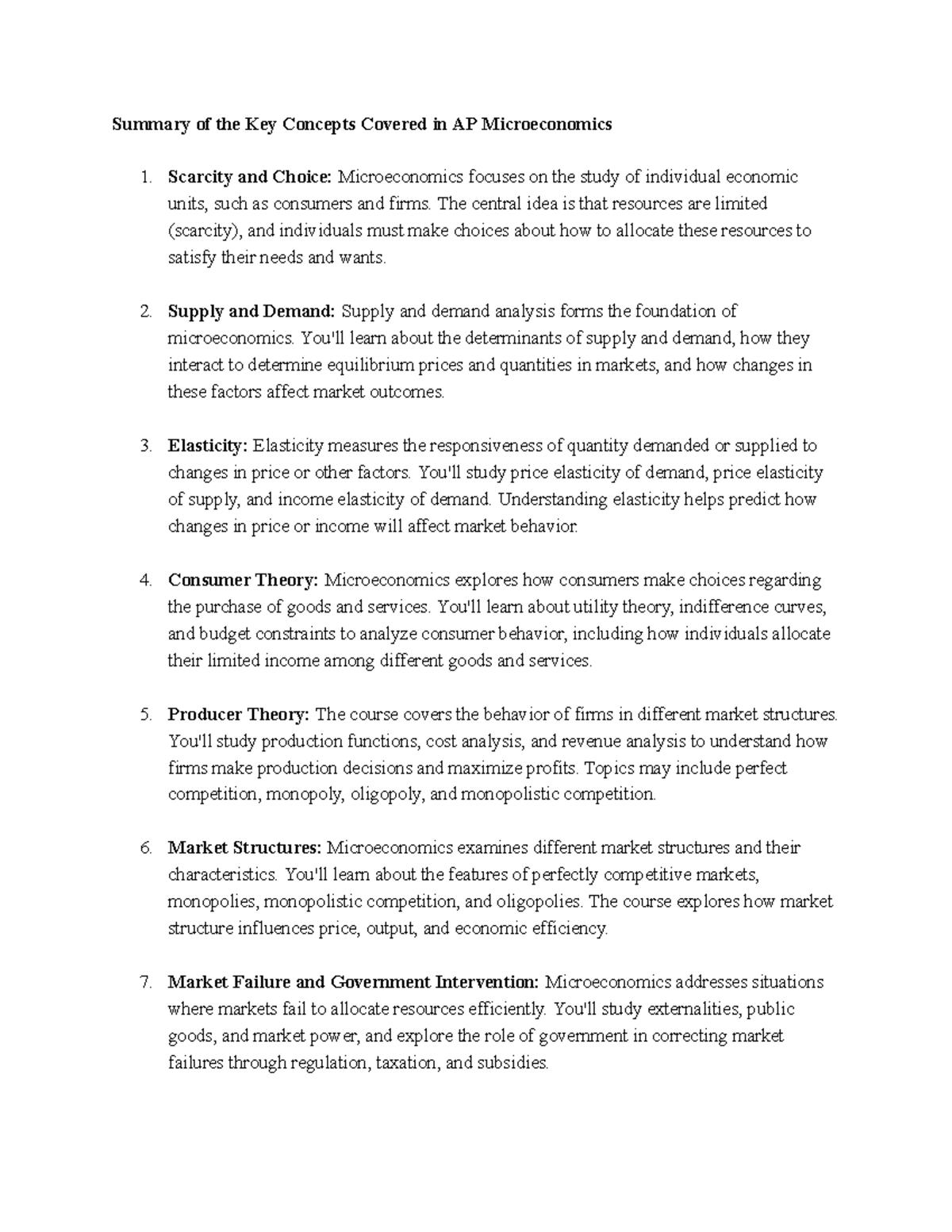Microeconomics: Key Concepts - Summary of the Key Concepts Covered in ...
