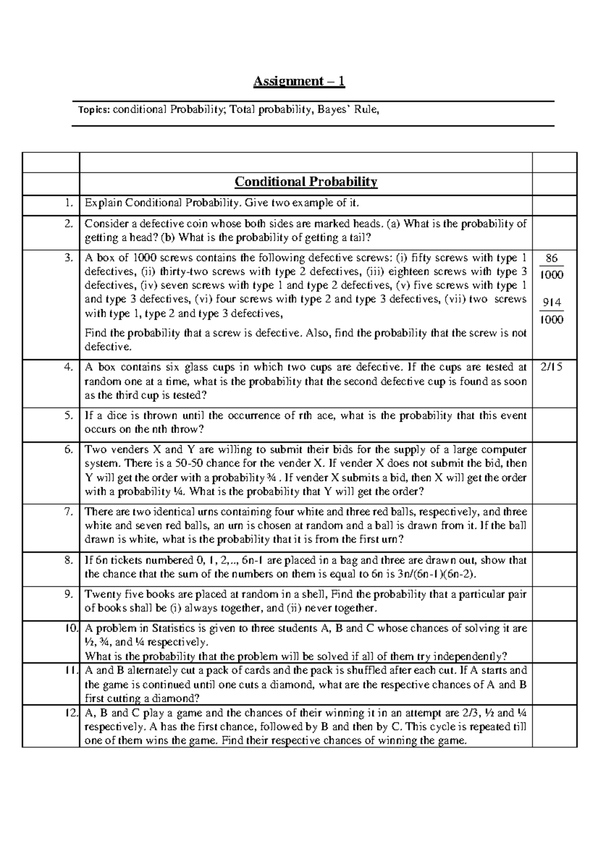 1 - important notes - Assignment – 1 Topics: conditional Probability ...