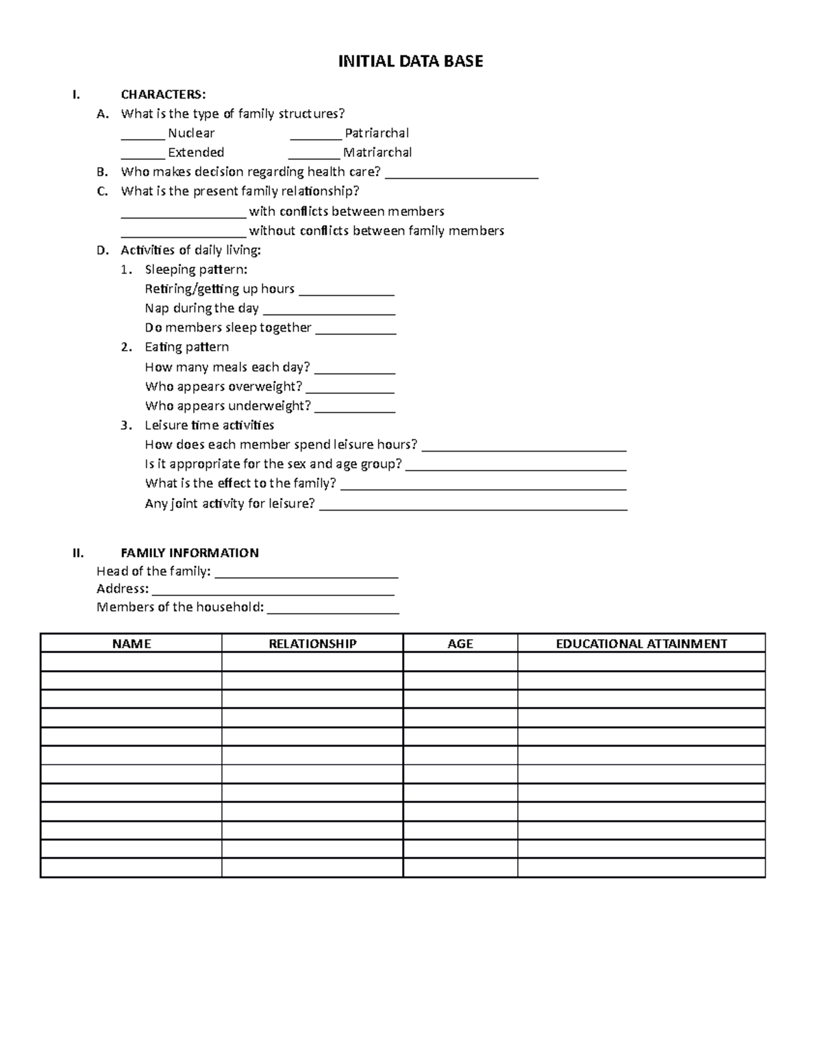 Initial DATA BASE 1 - survey form on family nursing care plan - INITIAL ...